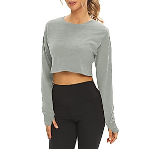 Mippo Crop Top Long Sleeve Workout Shirts Athletic Gym Active Wear Loose Cropped Sweaters Oversized Tshirts Midriff Tops Baggy Clothes for Women to Wear with Leggings Light Heather Gray M