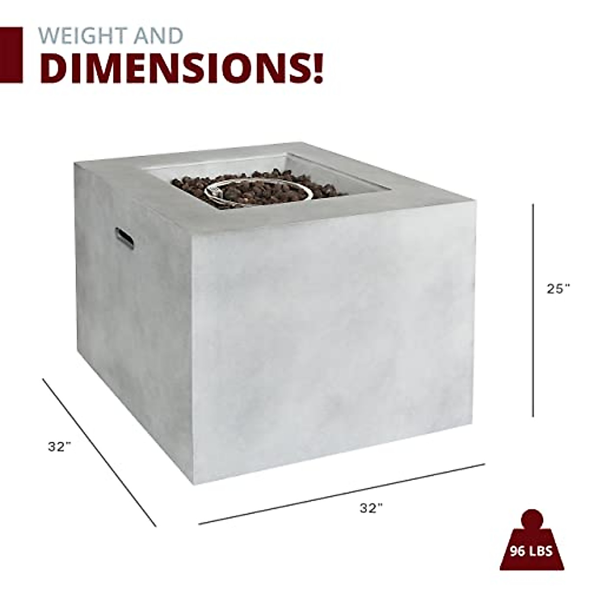 Kinger Home 32-Inch Outdoor Propane Smokeless Concrete Fire Pit for Patio, 50,000 BTU CSA Certified, Square