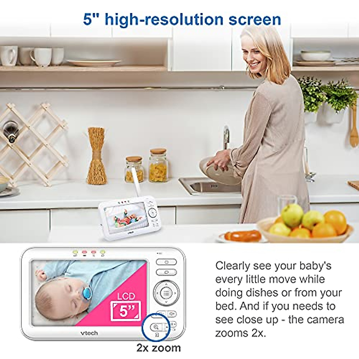 VTech [Upgraded] VM5463-2 Video Baby Monitor 5" LCD with 2 Cameras, Battery 12 Hrs, Pan Tilt Zoom, Color Night Light, Glow On The Ceiling Projection, Two-Way Talk