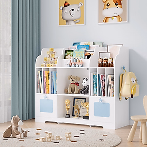 FACBOTALL Kids Bookshelf with 2 Drawers, 3 Tier Wooden Toy Storage Organizer, Wavy-Patterned Toy Box for Boys & Girls, Toddler Book Shelf for Kids Rooms, Nursery, Playroom, Living Room, White & Blue