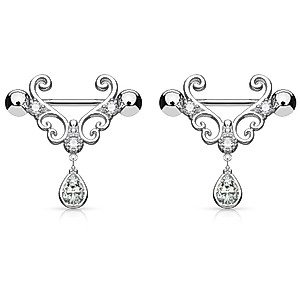 Forbidden Body Jewelry 14g 9/16 Inch (14mm) Surgical Steel Heart Filigree CZ Tear Drop Partial Nipple Shield Barbell Set