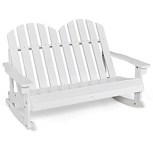 Giantex 2-Person Adirondack Rocking Chair - Kids Outdoor Rocking Bench with Slatted Seat, High Backrest, 220LBS Weight Capacity, Patio Rocker for Balcony, Yard, Poolside (1, White)
