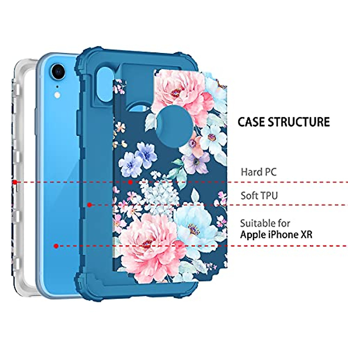 Rancase for iPhone XR Case,Three Layer Heavy Duty Shockproof Protection Hard Plastic Bumper +Soft Silicone Rubber Protective Case for Apple iPhone XR 6.1 inch,Flower