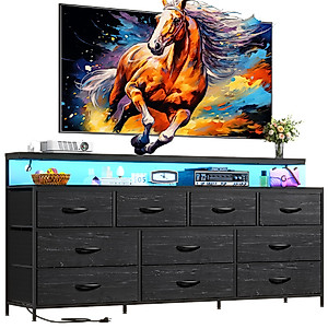 EnHomee 55" W Dresser for Bedroom with 10 Drawers Long Dresser with LED Lights & Power Outlets Wide Dressers & Chests of Drawers Large Dresser for Bedroom Dresser Metal Frame, Wood Top, Charcoal Black