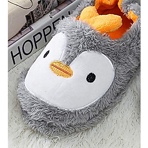 DADAWEN Toddler Boys Girls Soft Plush Slippers Cartoon Cute Animal Warm House Shoes Grey/Penguin US Size 11-12 Little Kid