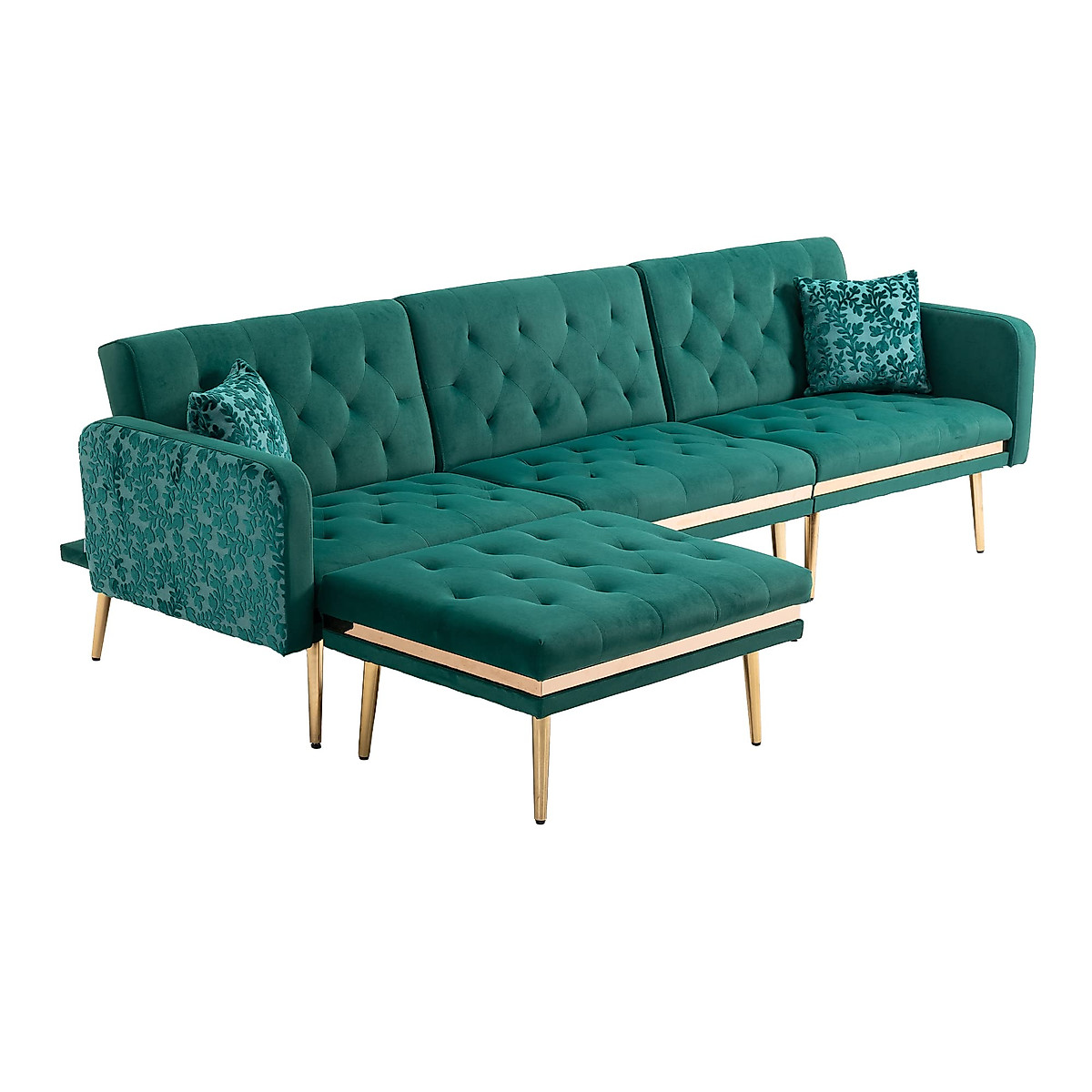 Pvillez Sectional Sofa Futon Sofa Bed Convertible Sleeper Sofa Couch w/Chaise Lounge,Ottoman L-Shape Convertible Couches for Living Room Button Tufted Back Velvet Couch w/Golden Legs