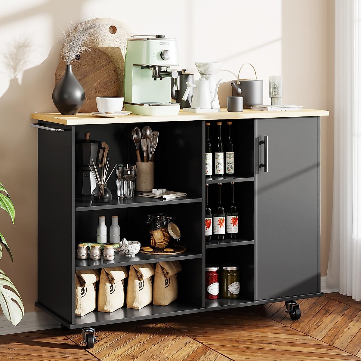 QAQA 48" Kitchen Island Cart Furniture cart on Wheels with Storage，Rolling Portable Dining Room Serving Utility Carts Mobile Movable with Drawers Cabinet,Black