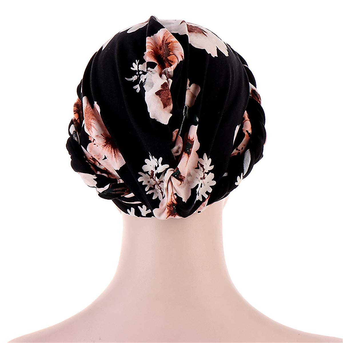Awlsyj Chemo Cancer Head Hat Cap Ethnic Bohemia Pre-Tied Twisted Braid Hair Cover Wrap Turban Headwear (D Black Pink Flower)