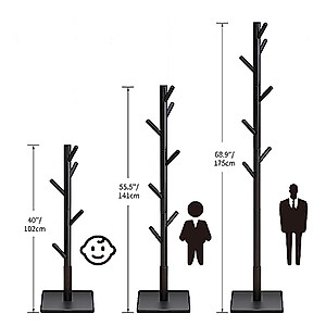 JOISCOPE Wooden Coat Rack Freestanding, Sturdy Coat Tree with 3 Adjustable Sizes, 8 Hooks and Easy to Assemble Coat Hanger for Coats, Hats, Scarves, Clothes and Handbags，Square(Black)