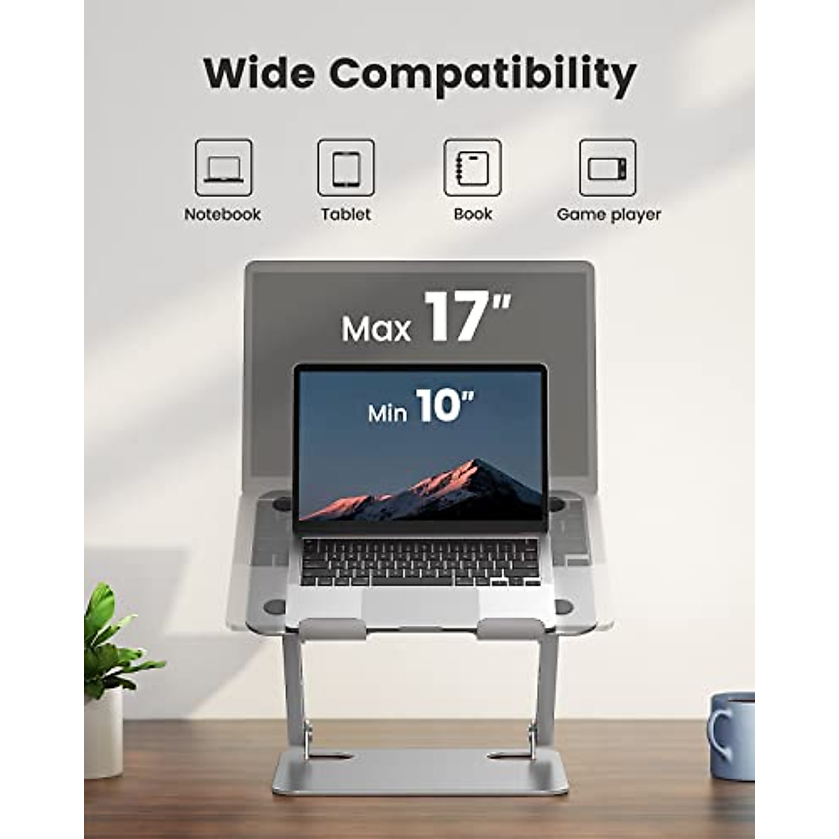 HUANUO Adjustable Laptop Stand, Aluminum Laptop Riser, Ergonomic Laptop Stand for Desk, Notebook Computer Stand Holder Compatible with 10-17” Laptops, Silver, HNLS07S