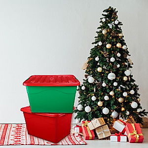 Sweetude 8 Pcs Christmas Storage Bins with Lids Red Green Storage Containers Plastic Box 72 Qt Large Stackable Nestable Storage Box with Wheels and Latching Handles
