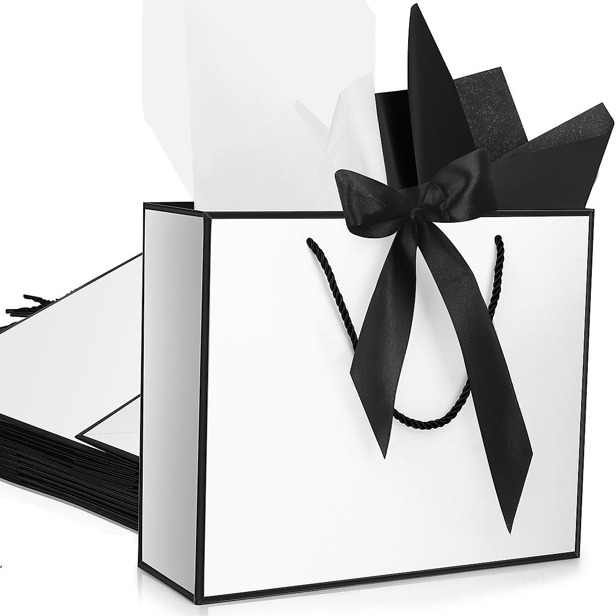 ALEXPRE 12 Pcs White Gift Bags with Handle and Tissue 11.8 x 10 x 4'' Large Paper Bags, Thank You Gift Bag with Bow Ribbon for Wedding Bridal Shower Groomsmen Birthday Party Baby Shower(White-Black)
