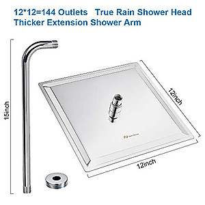 Rain Shower Head With Extension Arm, NearMoon Square Shower Heads, Large Stainless Steel Rainfall Showerhead-Waterfall Full Body Coverage (12 Inch Shower Head With 15 Inch Shower Arm, Chrome)