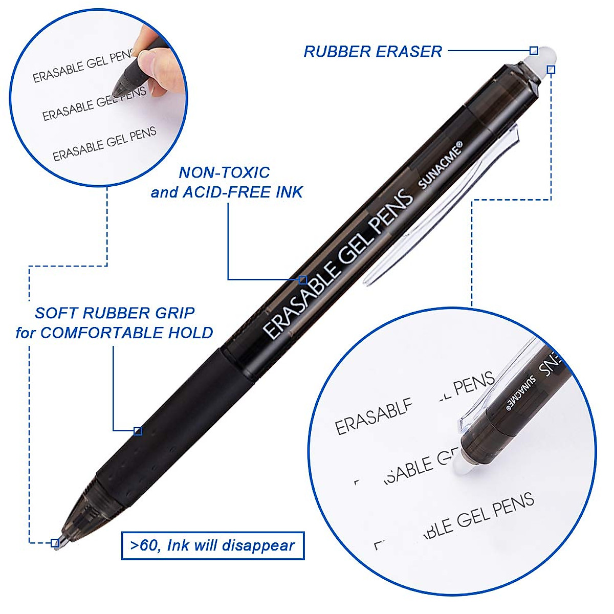 sunacme Erasable Gel Pens, Retractable Erasable Gel Pen Clicker Fine Point 0.7 mm, Smooth Ink for Writing (8 Black/8 Blue)