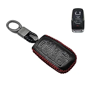 MECHCOS Compatible with Ram 1500 Limited Truck Pickup 6 Buttons Leather Case Key Fob Cover Keyless Remote Holder Protecter Key Chain