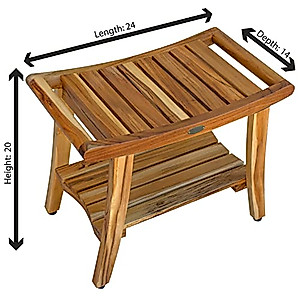 EcoDecors Harmony Teak Shower Bench Natural Wood Shower Bench with Shelf and LiftAide Arms 24" Shower Stool in Earthy Teak Finish