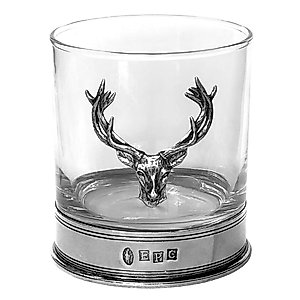 English Pewter Company 11oz Old Fashioned Whisky Rocks Glass With Stag Deer Head Antler and Pewter Base [STAG104]