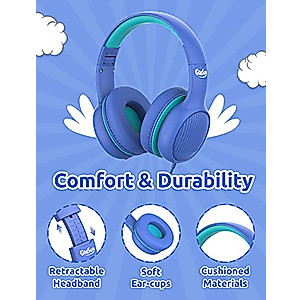 gorsun Premium A66 Kids Headphones with 85dB/94dB Volume Limited, in-line HD Mic, Audio Sharing, Foldable Toddler Headphones, Adjustable, Children Headphones Over-Ear for School Travel, Blue