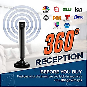 Gray HDTV Antenna - 7.5” Antenna w/ 360 Degree Reception for Signals 40 Miles Away - 2.5” Magnetic Base and 10’ Coaxial Cable - Great for Portable Use - Compatible w/ 1080P and 4K Smart TVs