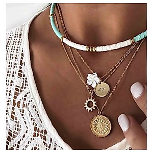 Yheakne Boho Layered Heishi Surfer Necklace Choker White Heishi Bead Choker Necklace Coin Disc Pendant Necklace Waterproof Sun Flower Necklace Chain Jewelry for Women and Girls