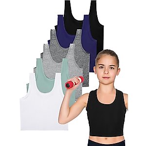 6 Pieces Girls Dance Tank Tops Racerback Crop Tank Tops Sleeveless Dance Top for Ballet Teens Gymnastics Dancewear (White, Gray, Navy, Green, Black, 9-10 Years)
