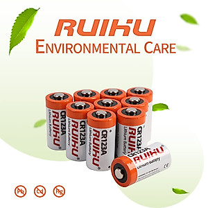 RUIHU CR123A Lithium Battery, 10 Pack 3V 1500mAh Lithium Manganese Dioxide(Li-MnO2) Battery for Flashlight Alarm Smart Sensor Microphones, Non-Rechargeable