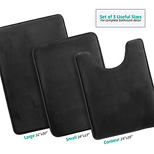 Clara Clark 3 Piece Bathroom Rugs Bath Mat Set, Velvet Memory Foam Bath Mats for Bathroom - Non-Slip, PVC Backing Bath Rugs, Washable Bathroom Rug Mats - Dries Quickly, Black Bathroom Rug Set