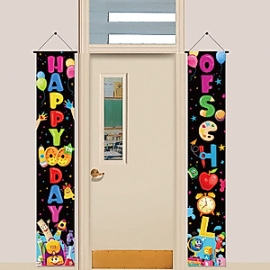 HOWAF 100th Day Of School Party Decoration Banner, Happy 100 Days of School Porch Sign for Kindergarten Pre School Primary Hooray 100th Day Party Decorations Supplies, 100 Days Smarter Party Favors Front Door Banner