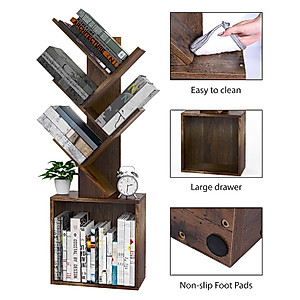 Ochine Tree Bookshelf, 5 Tier Small Bookcase with Large Drawer, Tall Wood Narrow Bookshelves Organizer for CDs/Movies/Books, Floor Standing Book Shelf for Bedroom, Living Room, Home Office Christmas