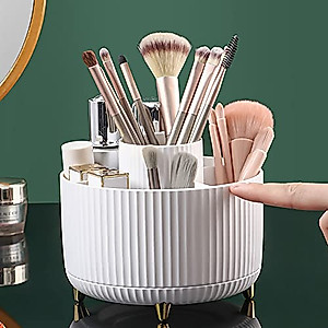 Large Capacity Rotating Makeup Organizer 360 Degree Brush Organizer with 5 Slots Makeup Brush Holder for Vanity Decor Bathroom Countertops Cosmetic Display Cases (White)