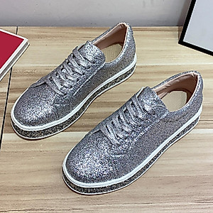 Hbeylia Platform Fashion Sneakers Glitter Sequin Lace Up Chunky Bottom Slip On Flats Walking Shoes Trendy Leather Fall Low Top Canvas Shoes for Women Ladies Bride Wedding Dress Party Decor Silver