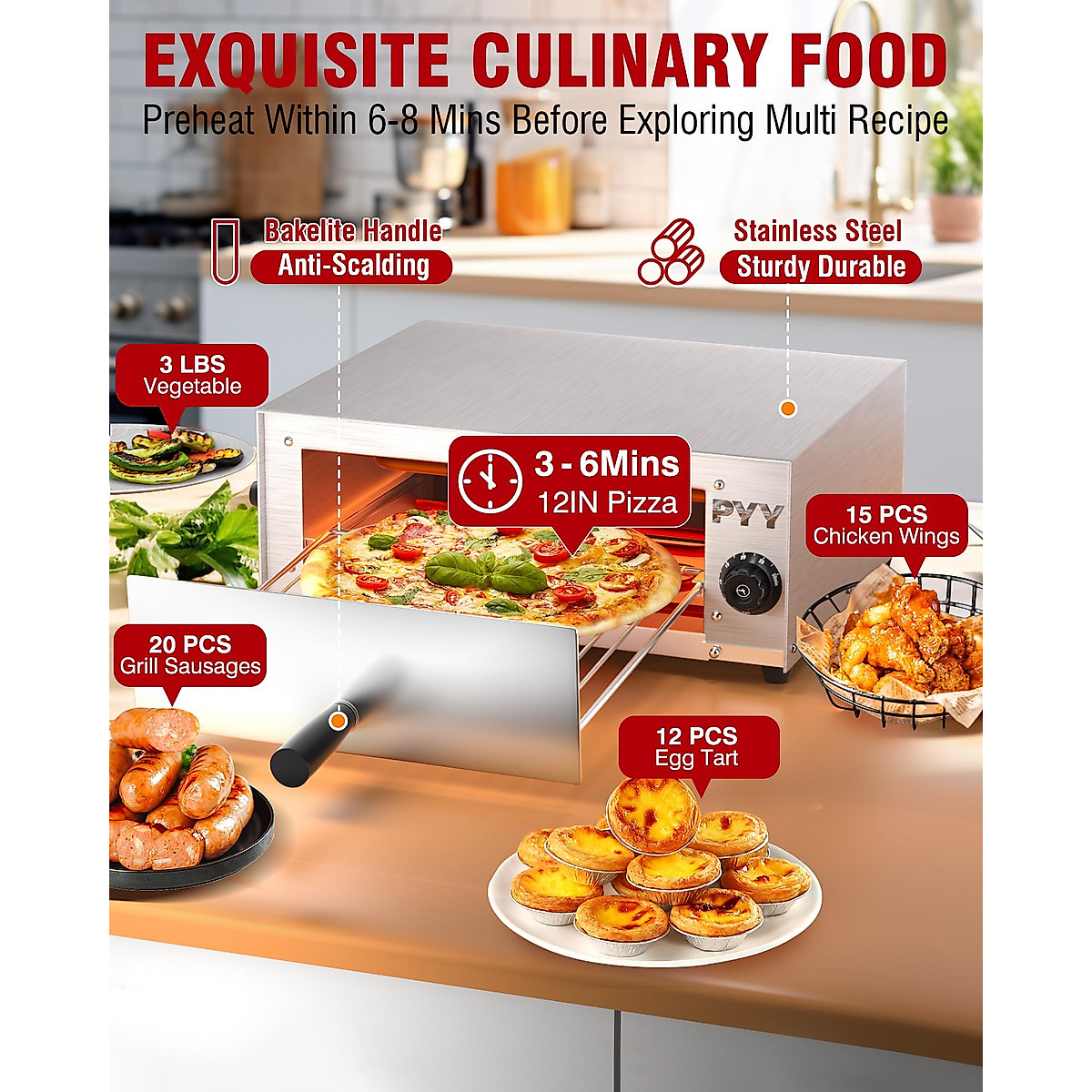 PYY Commercial Pizza Oven Electric up to 12 Inch Table Top Pizza Oven Indoor Stainless Steel Professional Pizza Cooker Baker Countertop with Timer & Crumb Tray for Commercial Kitchen Restaurant 1100W