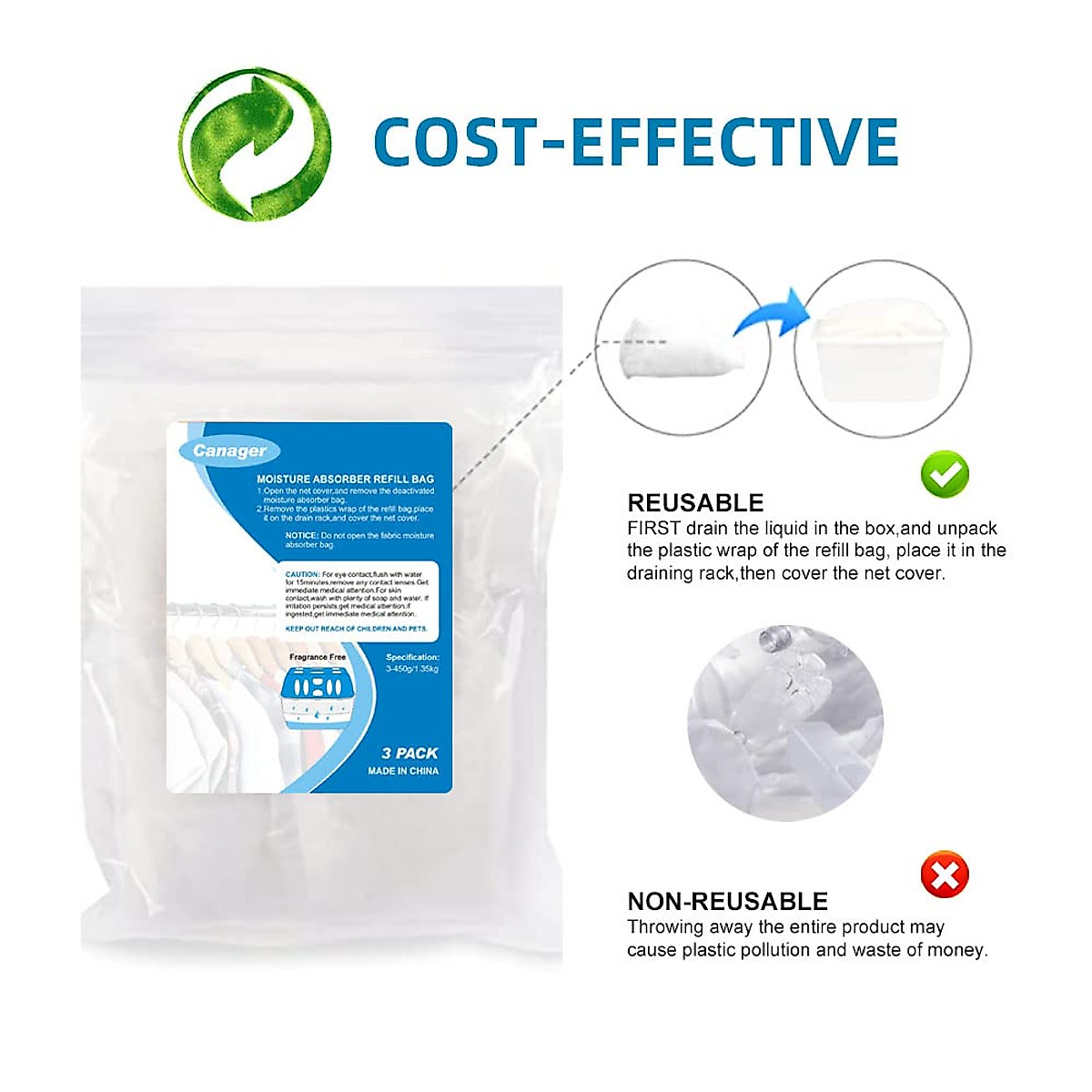 CANAGER Fragrance Free Moisture Absorber Box - 3 Packs, 16 oz Reusable Dehumidifier for Closets, Bedrooms, Bathrooms with Large Capacity.