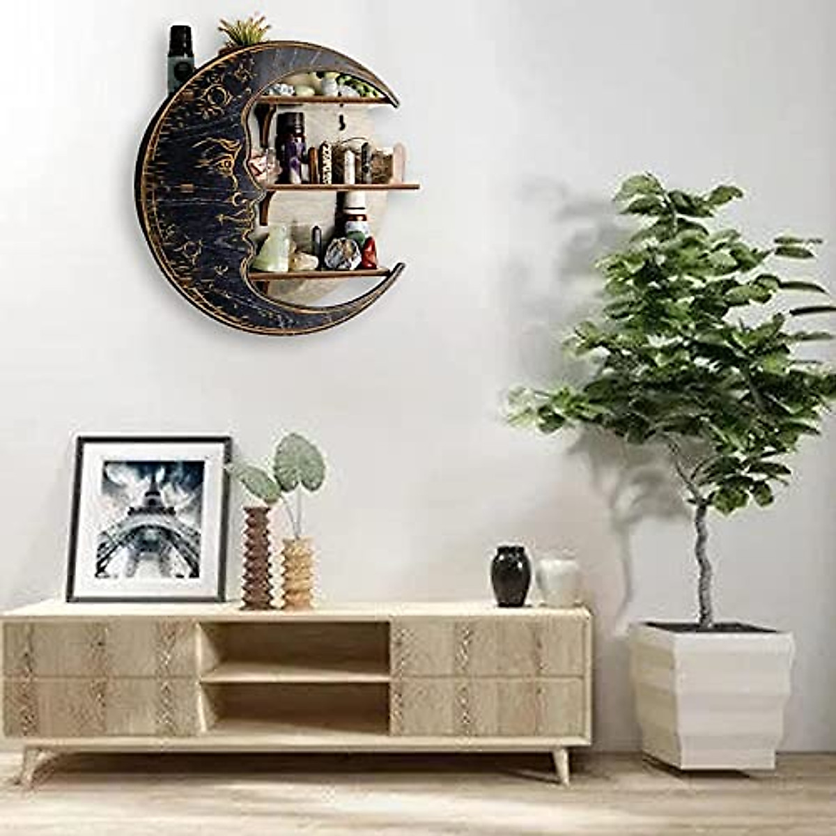 YUDIZWS Glass Shade Wall Mounted Antique Wooden Moon Stand Floating Moon Shelf Mounted Shelf Wall Glass Storage Stand,Black