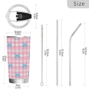 Pink Plaid Bow Stainless Steel coffee cups with lids with Straw Lid Camping Mug for camping simply flip straw tumbler 20 OZ
