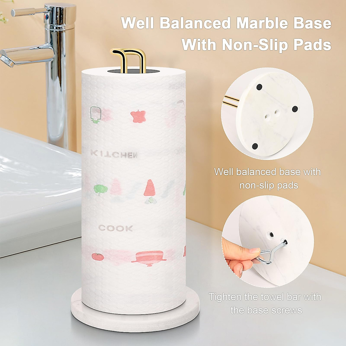 NearMoon Paper Towel Holder Countertop, Sturdy Kitchen Paper Towel Stand Dispenser-All Metal, Standard or Jumbo-Sized for Kitchen Countertop,Farmhouse, Living Room (Marble Base, Gold)