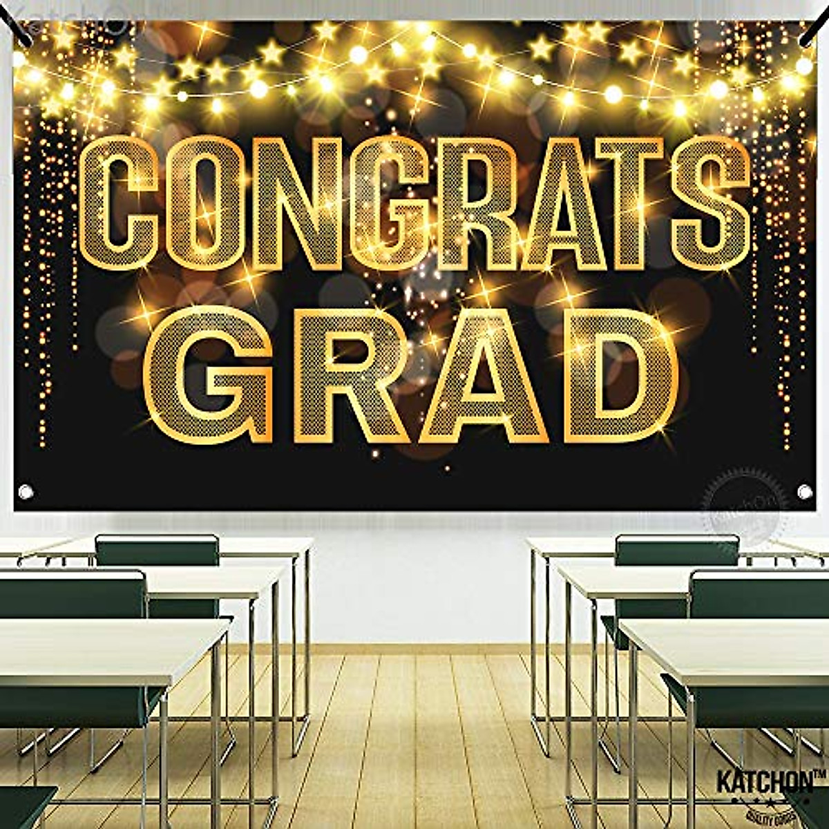 XtraLarge, Congrats Grad Banner - 72x44 Inch, Black and Gold Graduation Decorations 2023 | Graduation Banner for Class of 2023 Decorations | Graduation Backdrop for Graduation Party Decorations 2023