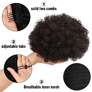 AISI QUEENS Afro Puff Drawstring Ponytail Synthetic Short Afro Kinkys Curly Afro Bun Extension Hairpieces Updo Hair Extensions with Two Clips (6inch,1B)