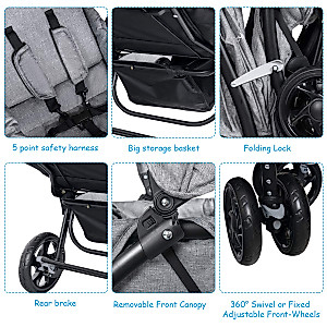 BABY JOY Double Stroller, Foldable Lightweight Twin Stroller with Tandem Seating, Adjustable Backrest/Canopy/Footrest, 5-Point Harness, Storage Basket, Double Stroller Newborn and Toddler (Gray)