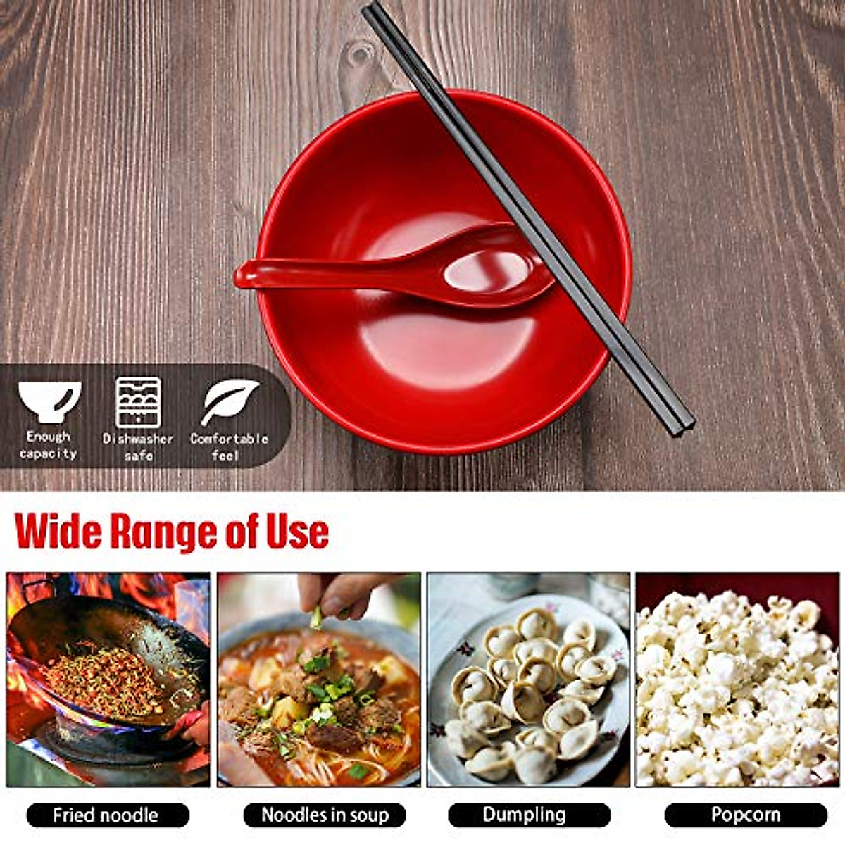 6 Sets 37 oz Large Ramen Bowl Set with Spoons Chopsticks, Asian, Chinese, Japanese or Pho Melamine Soup Bowl, Complete Dinnerware for Pho, Udon, Soup and Asian Cuisines