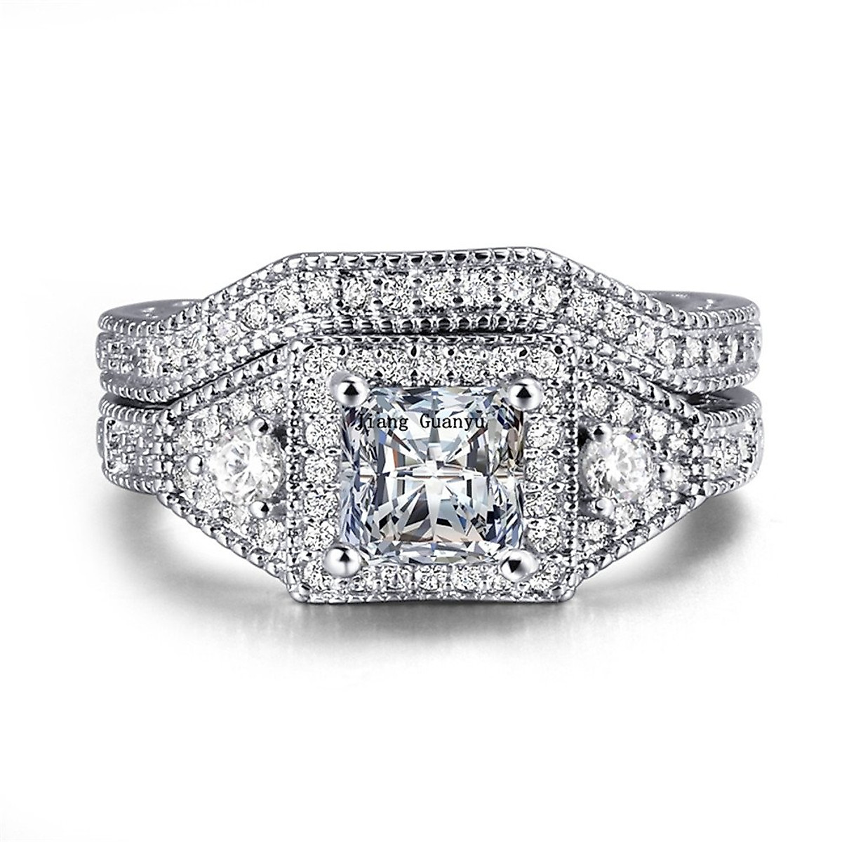 LOVERSRING Couple Ring Bridal Sets His Hers 10k White Gold Plated White AAA Cz Wedding Engagement Ring Band Set