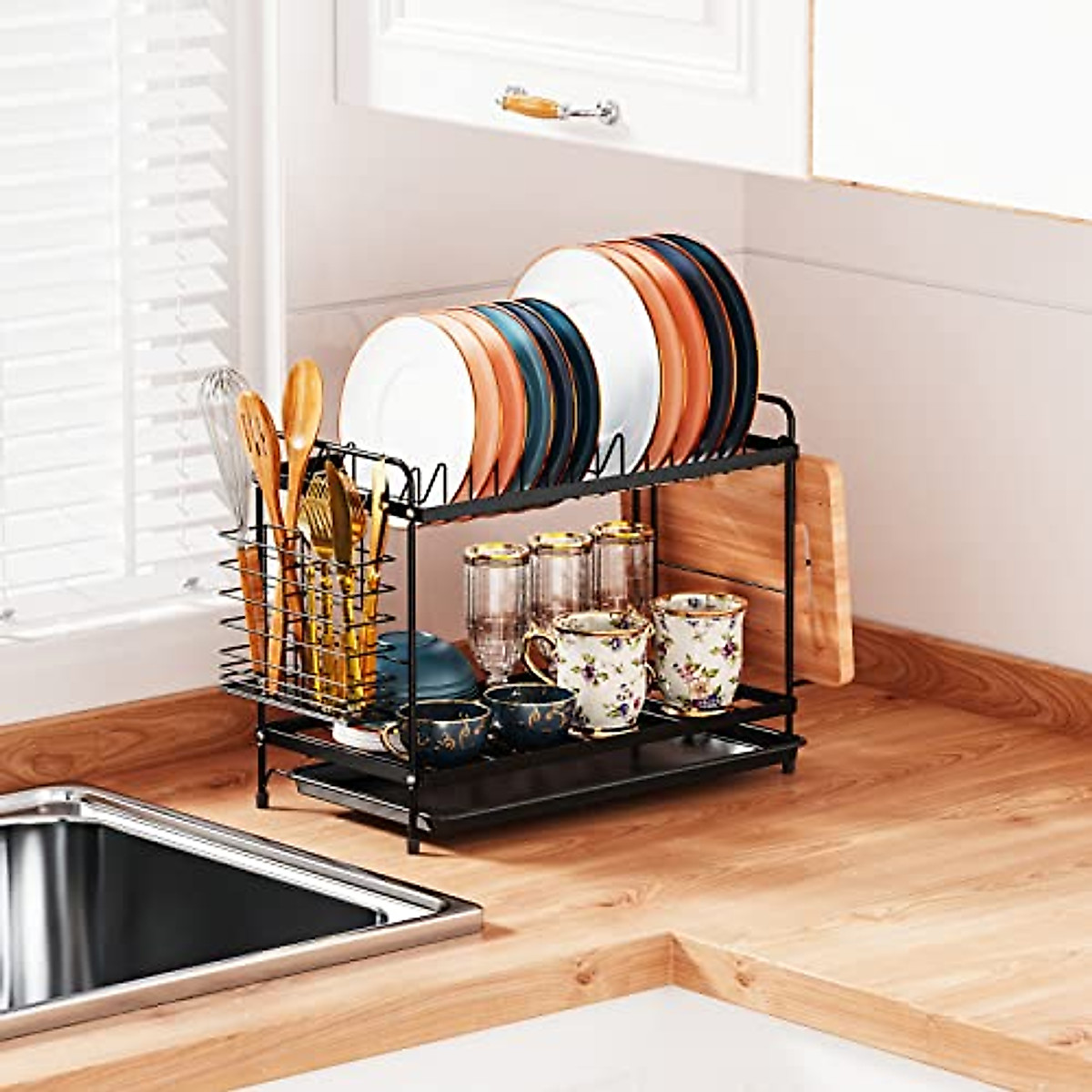 GSlife Dish Drying Rack for Kitchen 2 Tier Small Dish Rack with Drainboard Rust-Resistant Compact Dish Drainer with Utensil Holder Cutting Board Holder for Kitchen Counter, Black