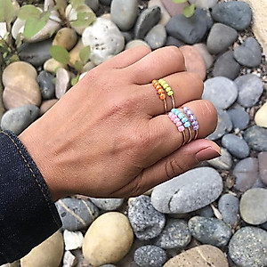 Set of 8 Boho Spinner Fidget Colorful Resin Beads Band Ring for Anxiety for Women Thin Coil Rotate Freely Inspirations Stress Relief Anti Pressure Jewelry Stacking Loop Expandable Adjustable Best Friends Dainty Birthday (Silver)