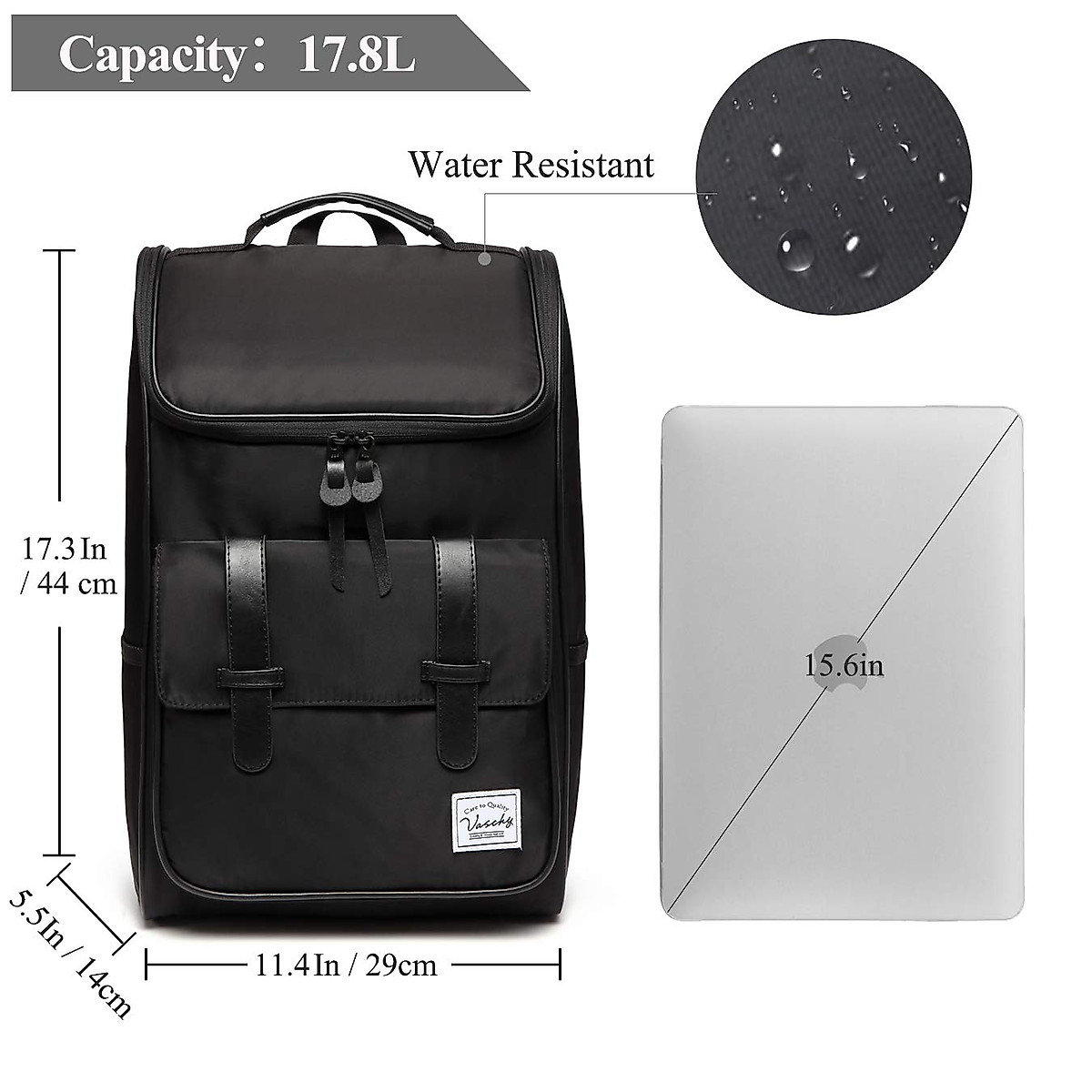 VASCHY Backpack for men, Vintage Water Resistant Daypack Rucksack College School Backpack with Padded 15.6 inch Laptop Compartment