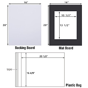 Falling in Art 5 Pack Acid Free 16x20'' Black Picture Mats Board Show Kit for 11x14'' Pictures, 4-Ply Beveled Pre-Cut Photo Boards with Backing Board and Plastic Clear Bags