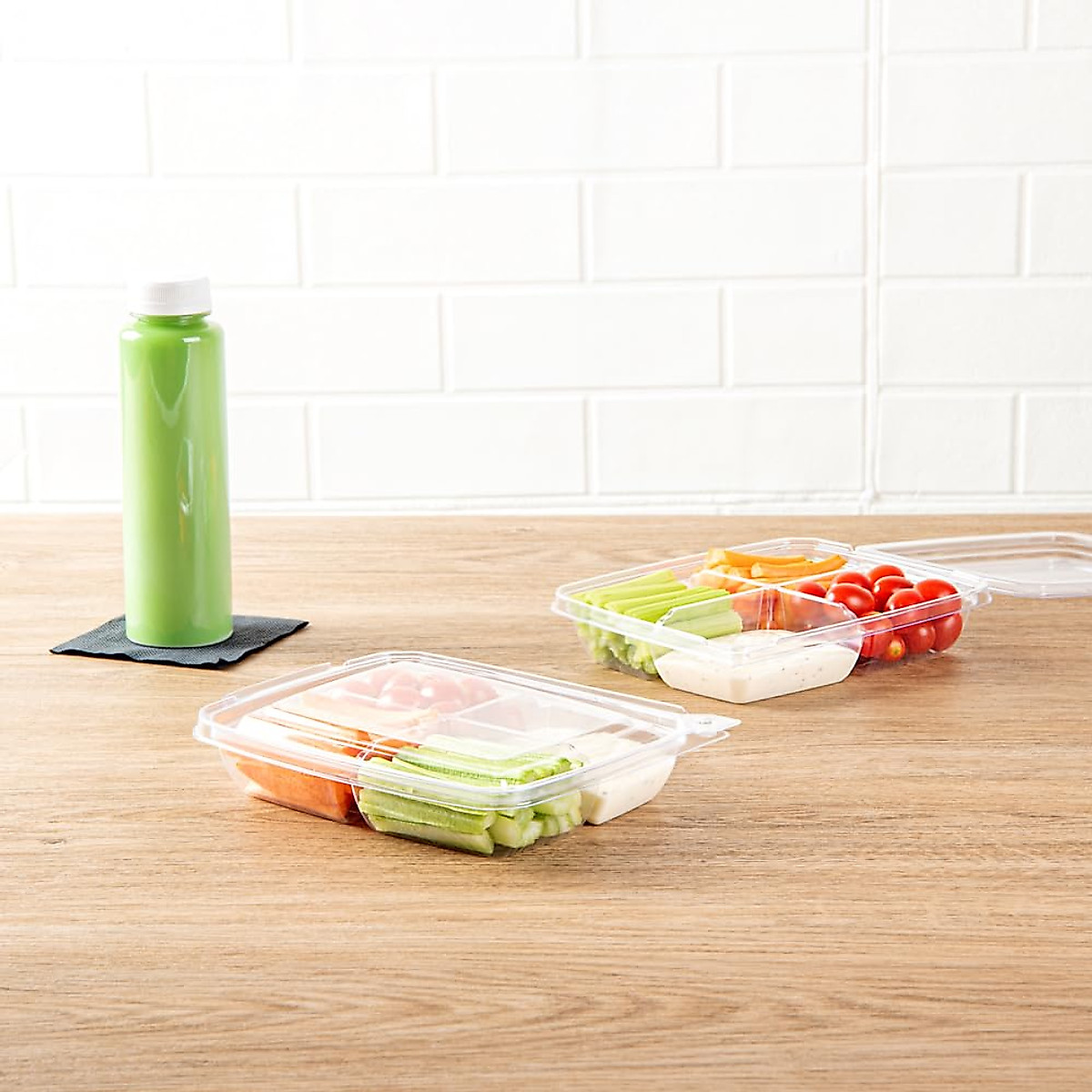 Tamper Tek 13 Ounce Rectangle Take Out Containers, 100 Durable Carryout Containers - Tamper-Evident, Freezable, Clear Plastic To-Go Containers, 4 Compartments, With Hinged Lids - Restaurantware