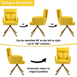 somedream Modern Swivel Accent Chair with Arm Rests, Office Velvet Desk Chair with Cosy Thick Padded Back Cushion, Resting Chair without Wheels for Bedroom Living Room Indoor, Yellow