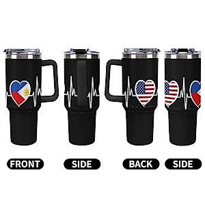 Heart America And Philippines Flag 40 Oz Tumbler with Handle And Straw Lid,Insulated Reusable Stainless Steel Travel Glass Mug 40 Ounces