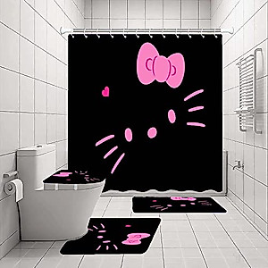 StarBlue-HGS Cartoon Kitty Lovely Cat Waterproof Shower Curtain Set Princess Kitten Little Cat Bathroom Bathtub Mat Toilet Cover Mat Set (B)