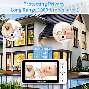 Yonvim Baby Monitor Camera, 4.3" Split Screen Video Baby Monitor with 2 Cameras and Audio, No WiFi, Night Vision, Two Way Talk, Long Range, Temperature Sense, 4X Zoom